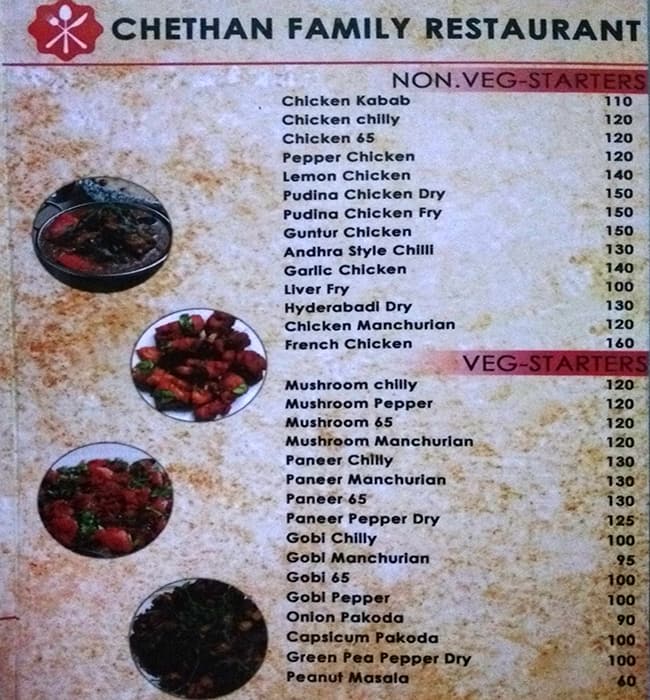 Menu of Chethan Family Restaurant, Yelahanka, Bangalore