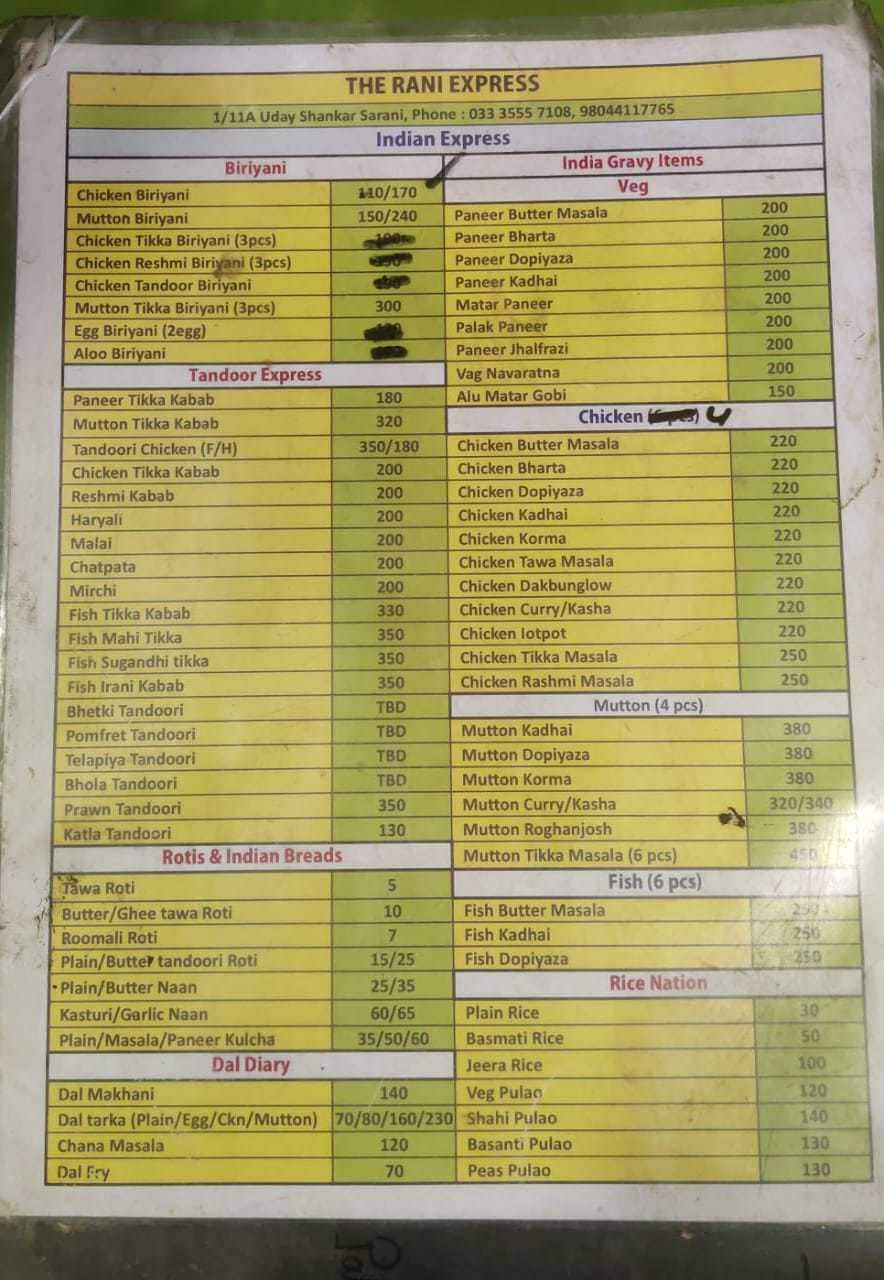 Menu of Hotel Rani, Prince Anwar Shah Road, Kolkata