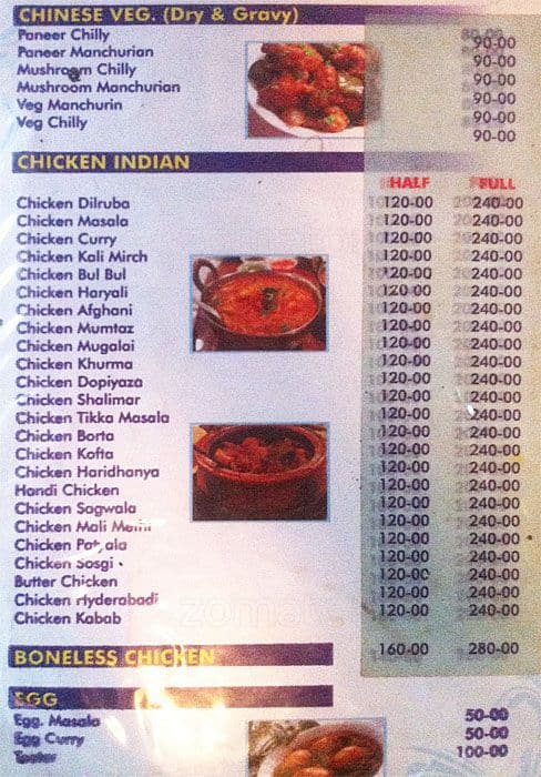 Menu at Blue Inn, Mysuru