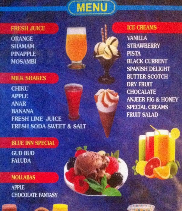 Menu at Blue Inn, Mysuru