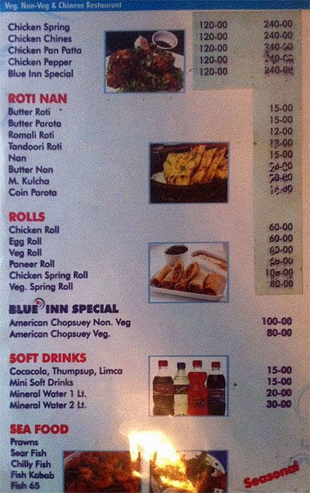 Menu at Blue Inn, Mysuru