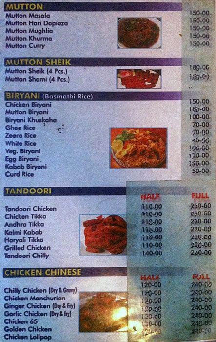 Menu at Blue Inn, Mysuru