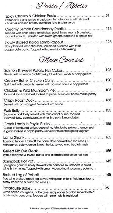 Menu at The Wild Fig Restaurant, Cape Town