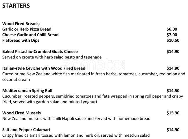 Carta de FireWood Restaurant, Auckland