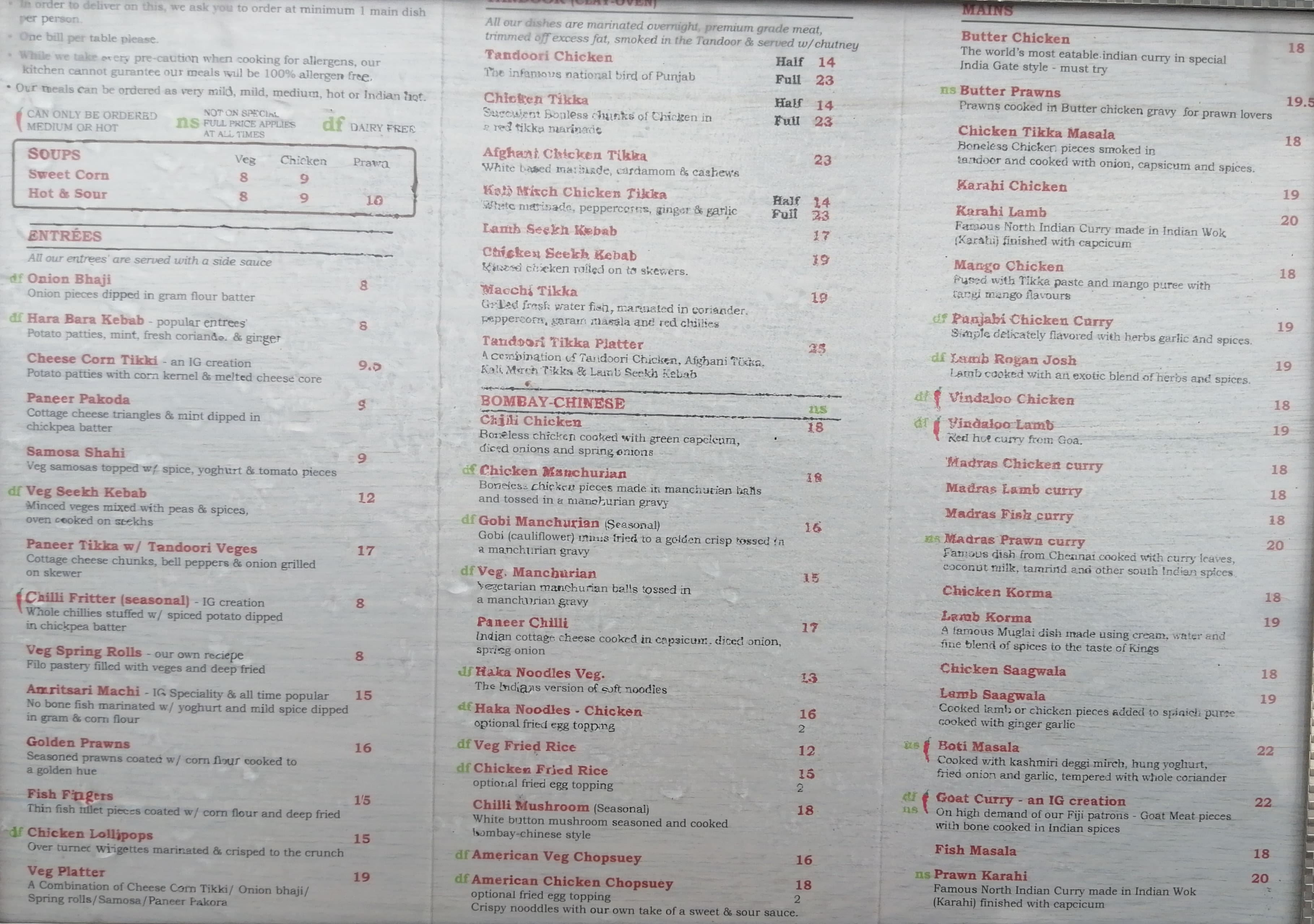 Menu at India Gate - Indian Restaurant, Auckland