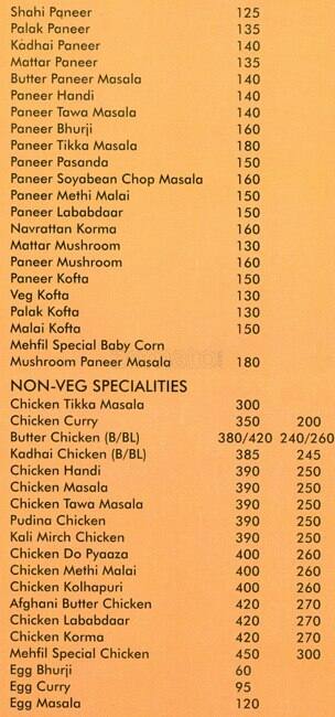 Menu at Mehfil, Gurugram, 11 Carterpuri Road