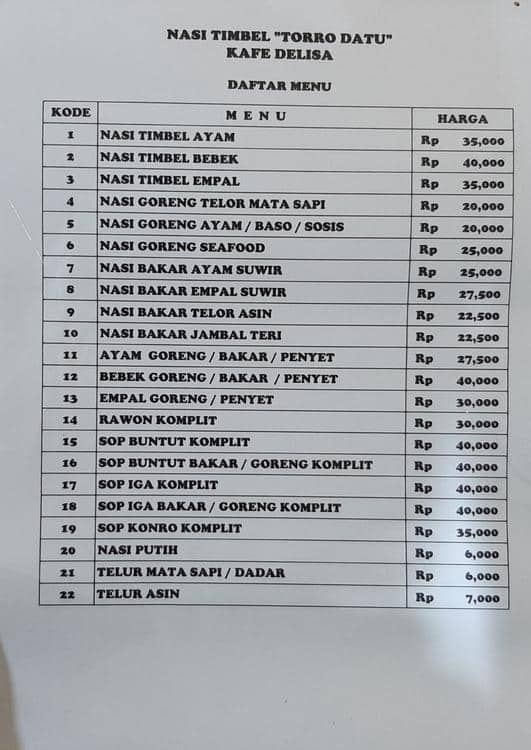 Menu at Nasi Timbel Torro Datu - Kafe deLisa, Bekasi Regency