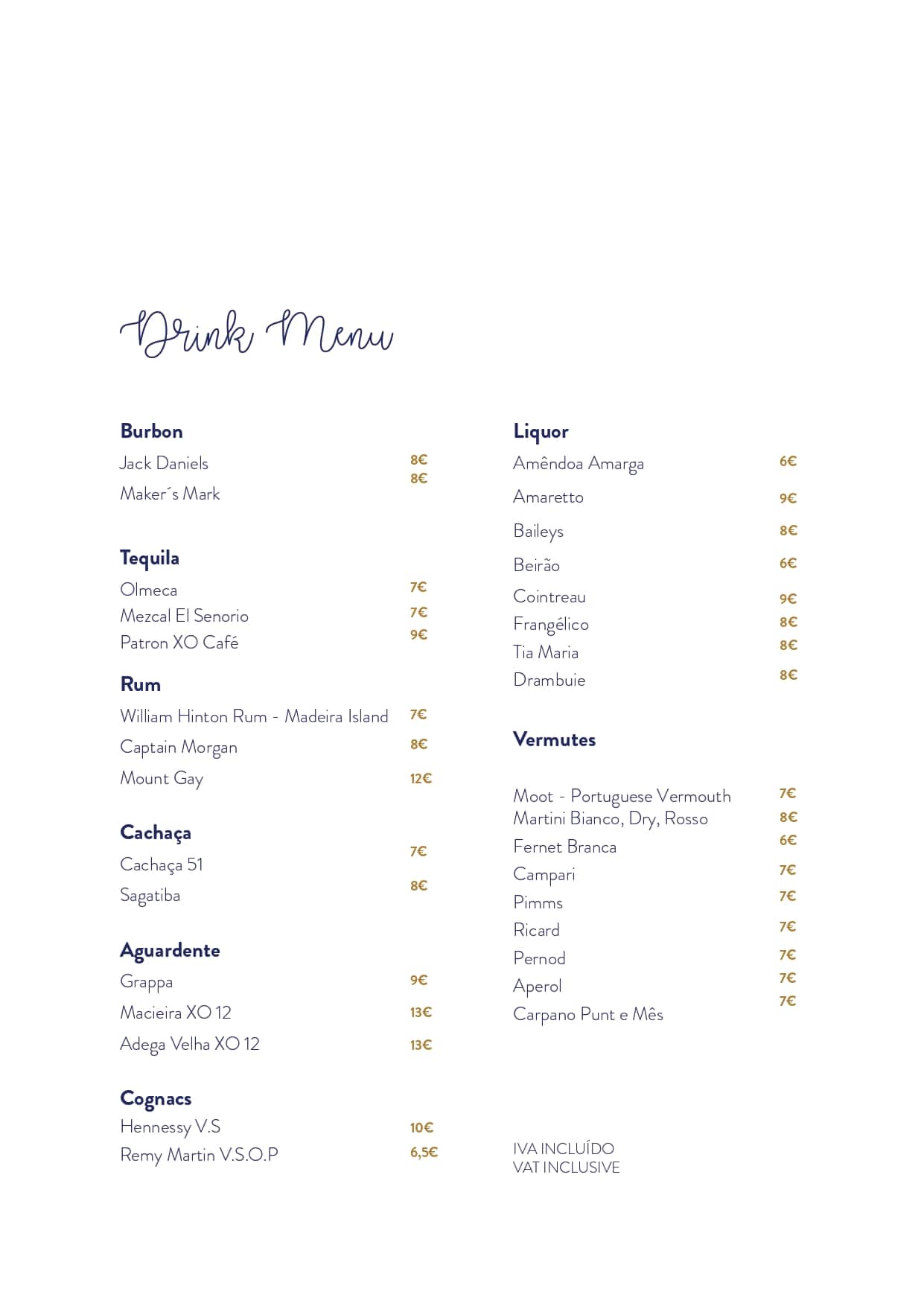 Menu at Blue pub & bar, Lisbon