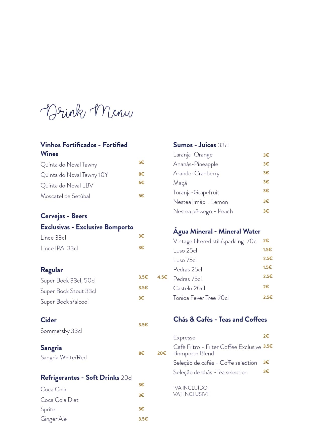 Menu at Blue pub & bar, Lisbon