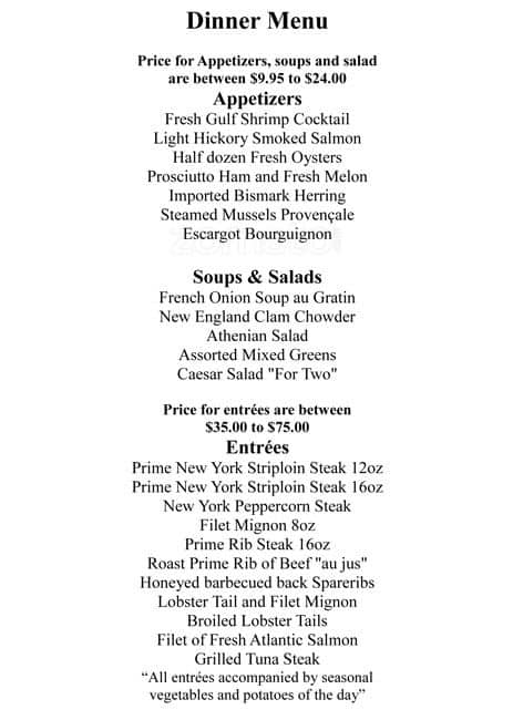 Menu at Tom Jones Steak House steakhouse, Toronto