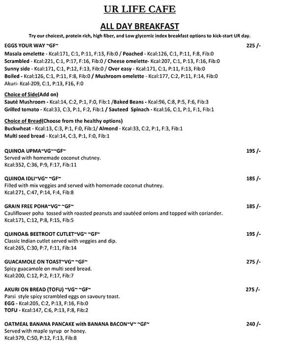 Menu of UR Life Cafe, Jubilee Hills, Hyderabad