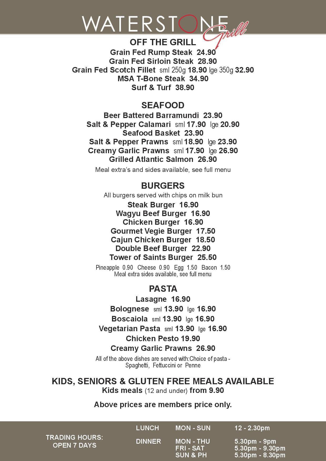 Menu at Waterstone Grill restaurant, North Saint Marys, St Marys ...