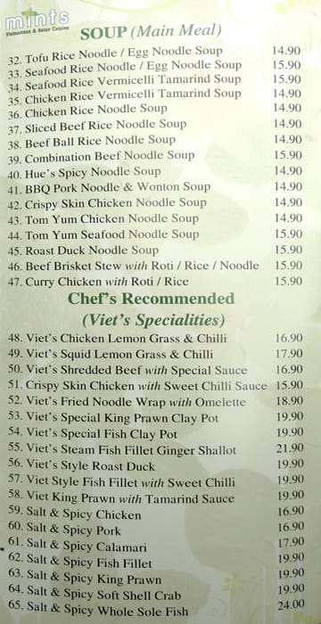 Menu at Mints restaurant, Brisbane City