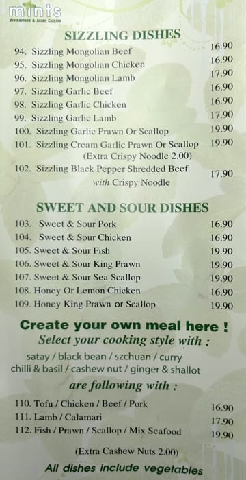 Menu at Mints restaurant, Brisbane City