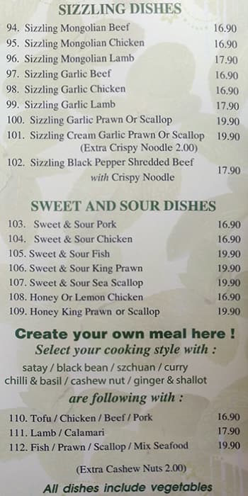 Menu at Mints restaurant, Brisbane City