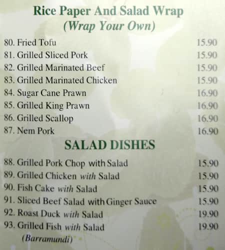 Menu at Mints restaurant, Brisbane City