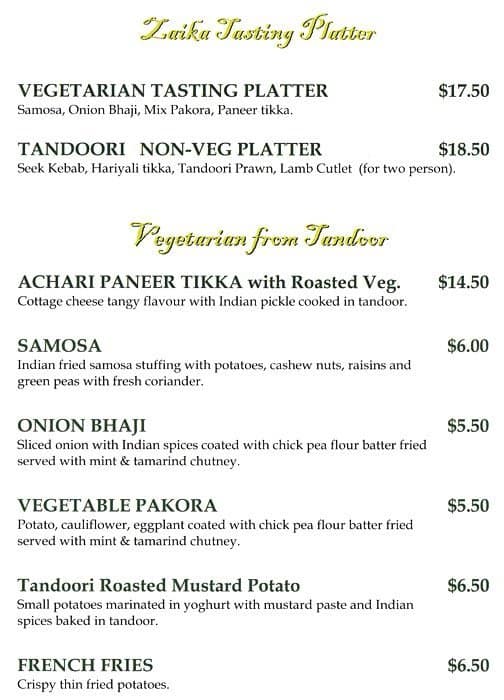 Menu at Zaika Indian Restaurant, Midland