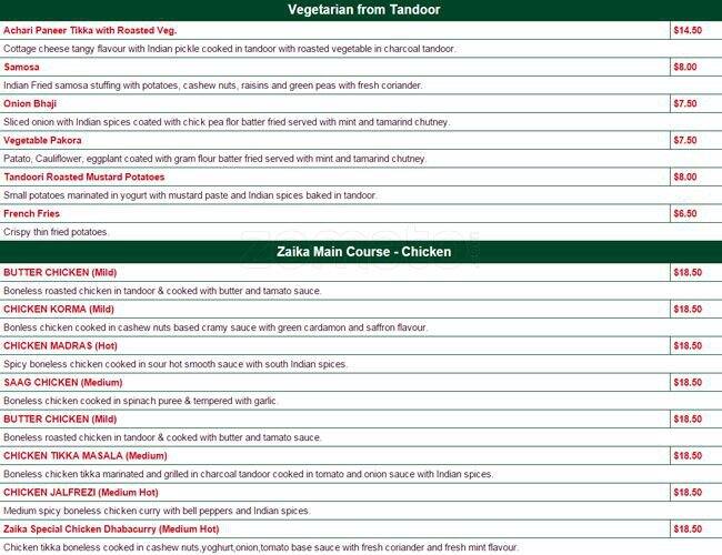 Menu at Zaika Indian Restaurant, Midland