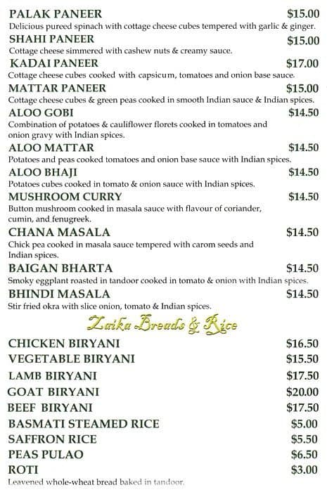 Menu at Zaika Indian Restaurant, Midland