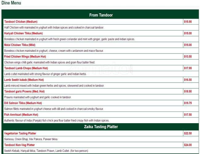 Menu at Zaika Indian Restaurant, Midland