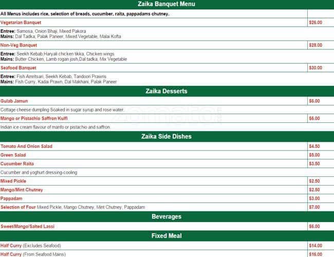 Menu at Zaika Indian Restaurant, Midland
