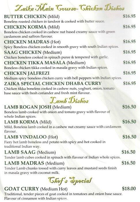 Menu at Zaika Indian Restaurant, Midland