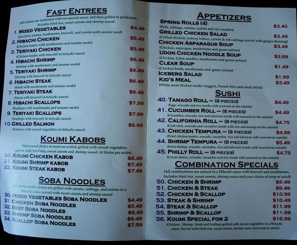 Menu at Koumi restaurant, Durham