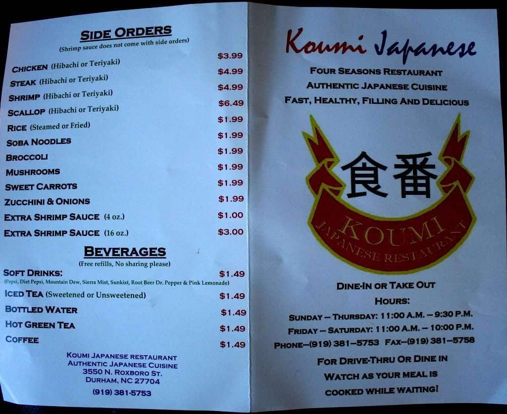 Menu at Koumi restaurant, Durham