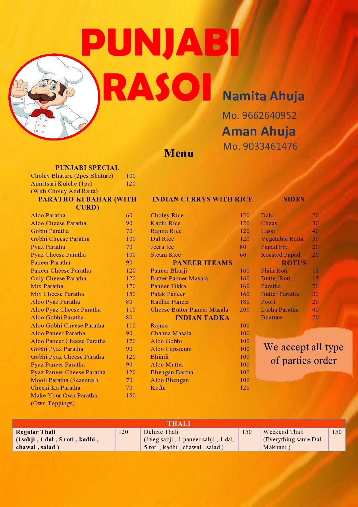 Menu at punjabi rasol parathe, Surat, 1