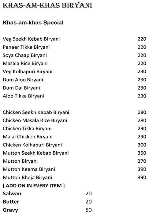 Menu of Khas-am-Khas Biryani, Powai, Mumbai