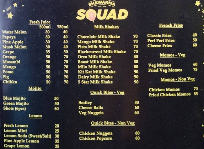 Menu at Shawarma squad, Chennai, Razaak Garden main road