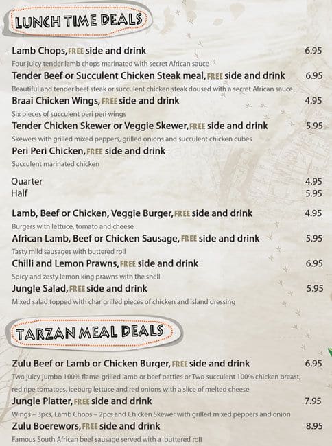 Menu at Jungle Braai restaurant, London, 23 Osborn Street Brick Lane