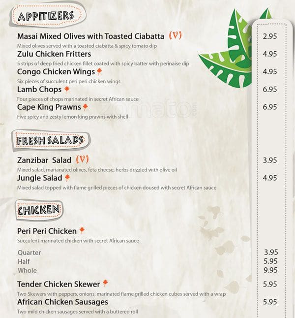 Menu at Jungle Braai restaurant, London, 23 Osborn Street Brick Lane