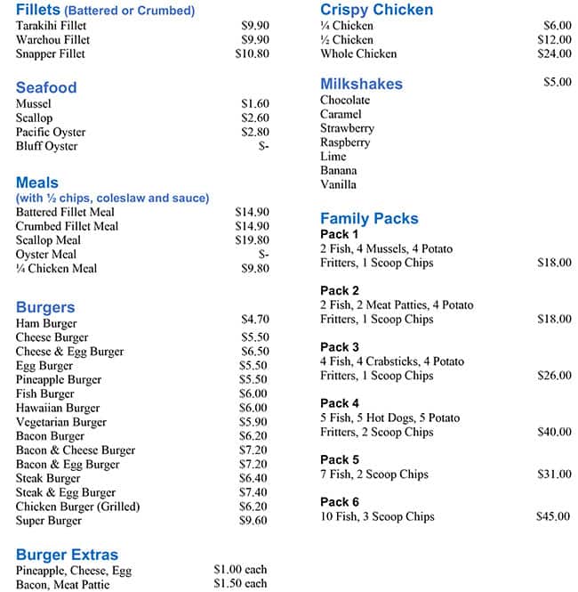 Menu at Karori Park Fangs Takeaway restaurant, Wellington