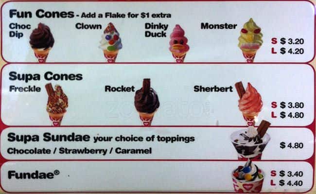 Menu at Wendys Supa Sundaes desserts, Christchurch, Westfield Riccarton