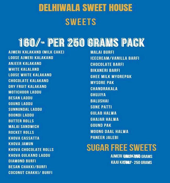 Menu at Delhiwala Sweet House, Hyderabad, Captain Veera Raja Reddy Marg