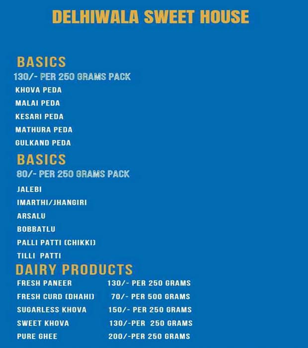 Menu at Delhiwala Sweet House, Hyderabad, Captain Veera Raja Reddy Marg