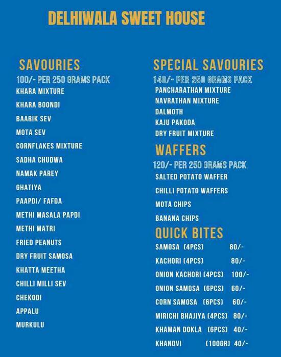 Menu at Delhiwala Sweet House, Hyderabad, main road