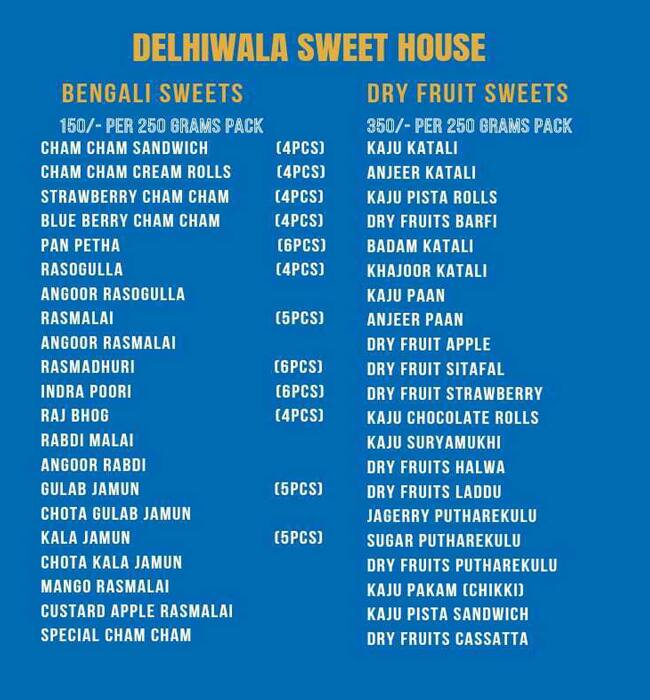 Menu at Delhiwala Sweet House, Hyderabad, main road