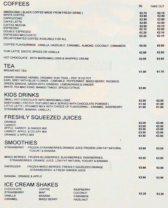 Menu at Cafe Divino, Dublin, Trees Rd Upper