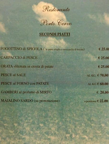 Menu da Porto Cervo ristorante, Roma
