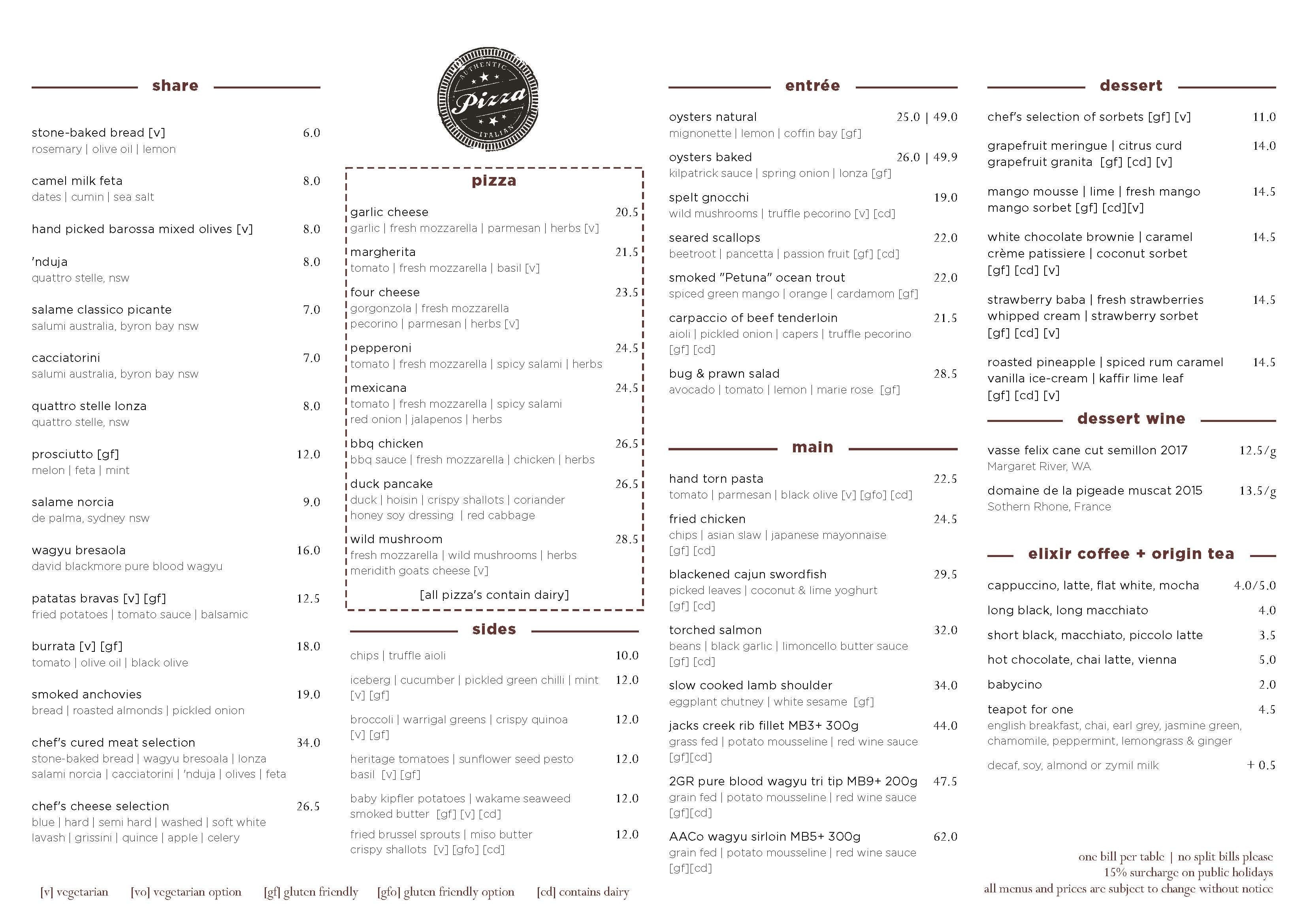 Menu at hundred acre bar, Brisbane City