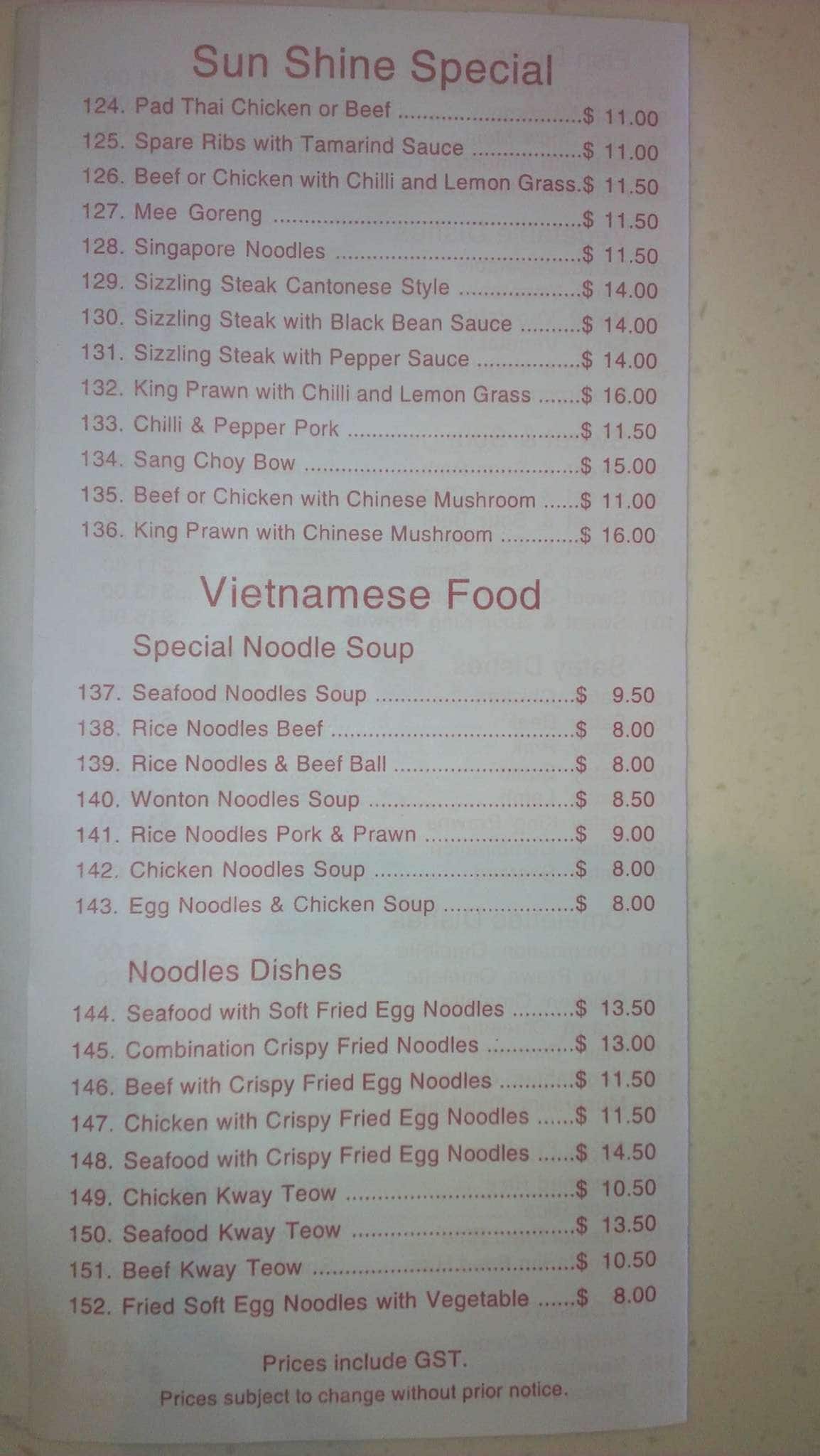 Menu at Sunshine Vietnamese & Chinese Takeaway restaurant, Bunbury ...