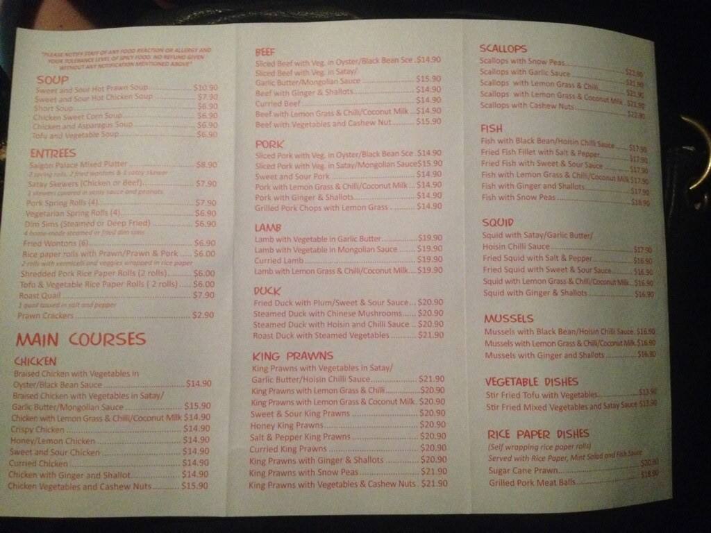 Menu at Saigon Palace restaurant, Gold Coast