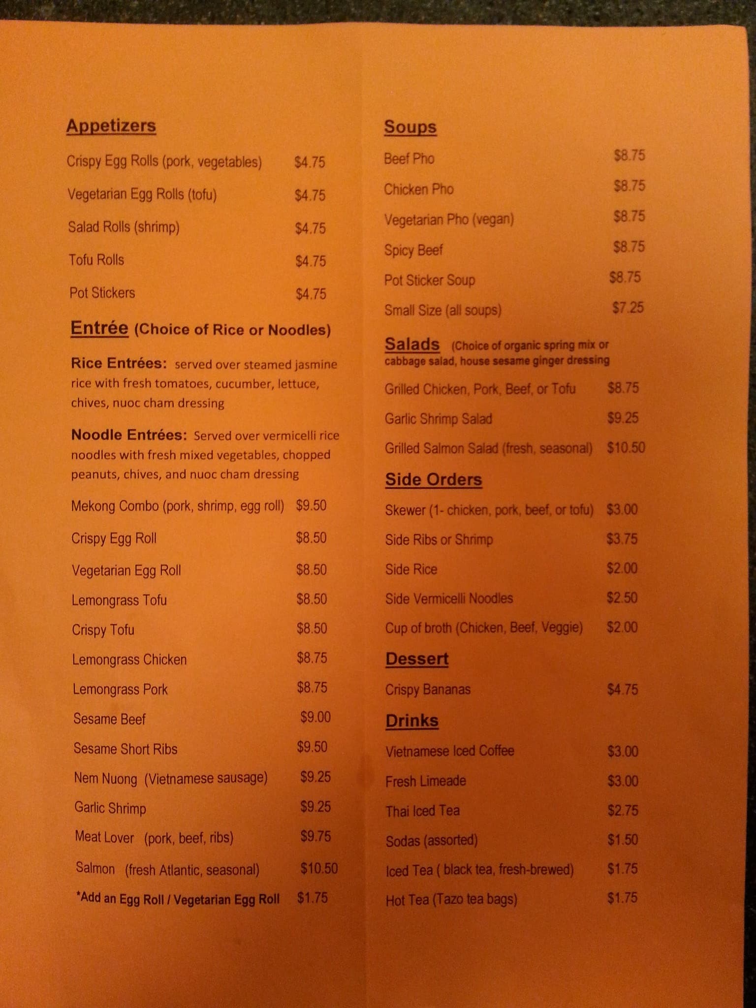 Menu at Mekong Vietnamese Grill restaurant, Portland, SE 13th Ave