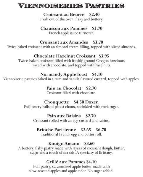 Carta de St. Honoré Bakery, Portland, NW Thurman St