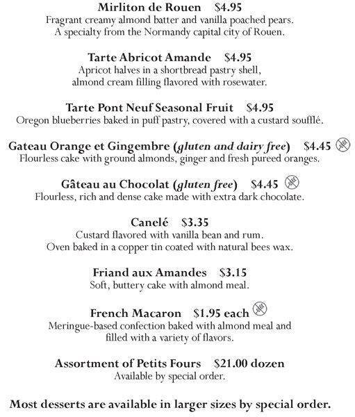 Carta de St. Honoré Bakery, Portland, NW Thurman St