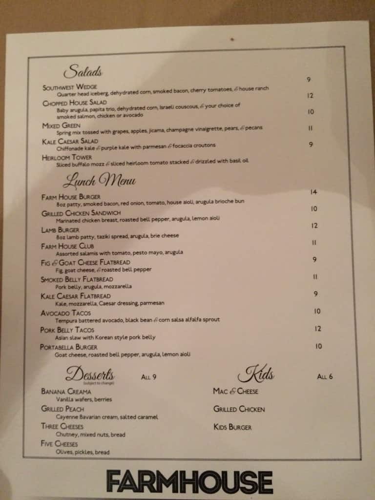 Menu at Farmhouse restaurant, Yuma