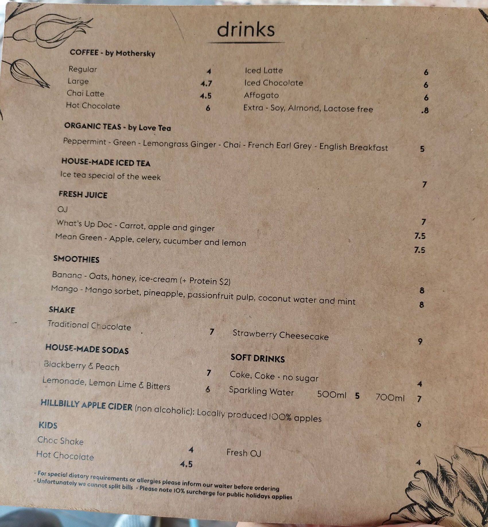 Menu at Percy Plunkett cafe, Penrith