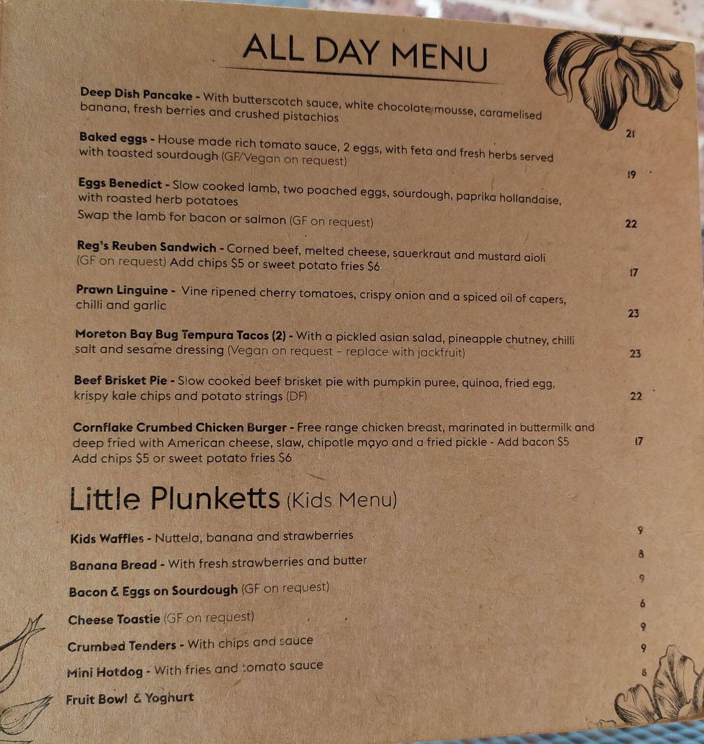 Menu at Percy Plunkett cafe, Penrith